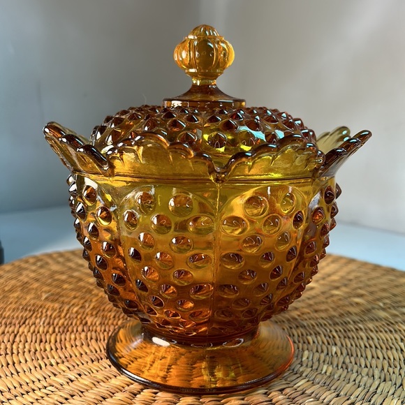 Fenton | Accents | Vintage Fenton Hobnail Amber Glass Covered Pedestal ...